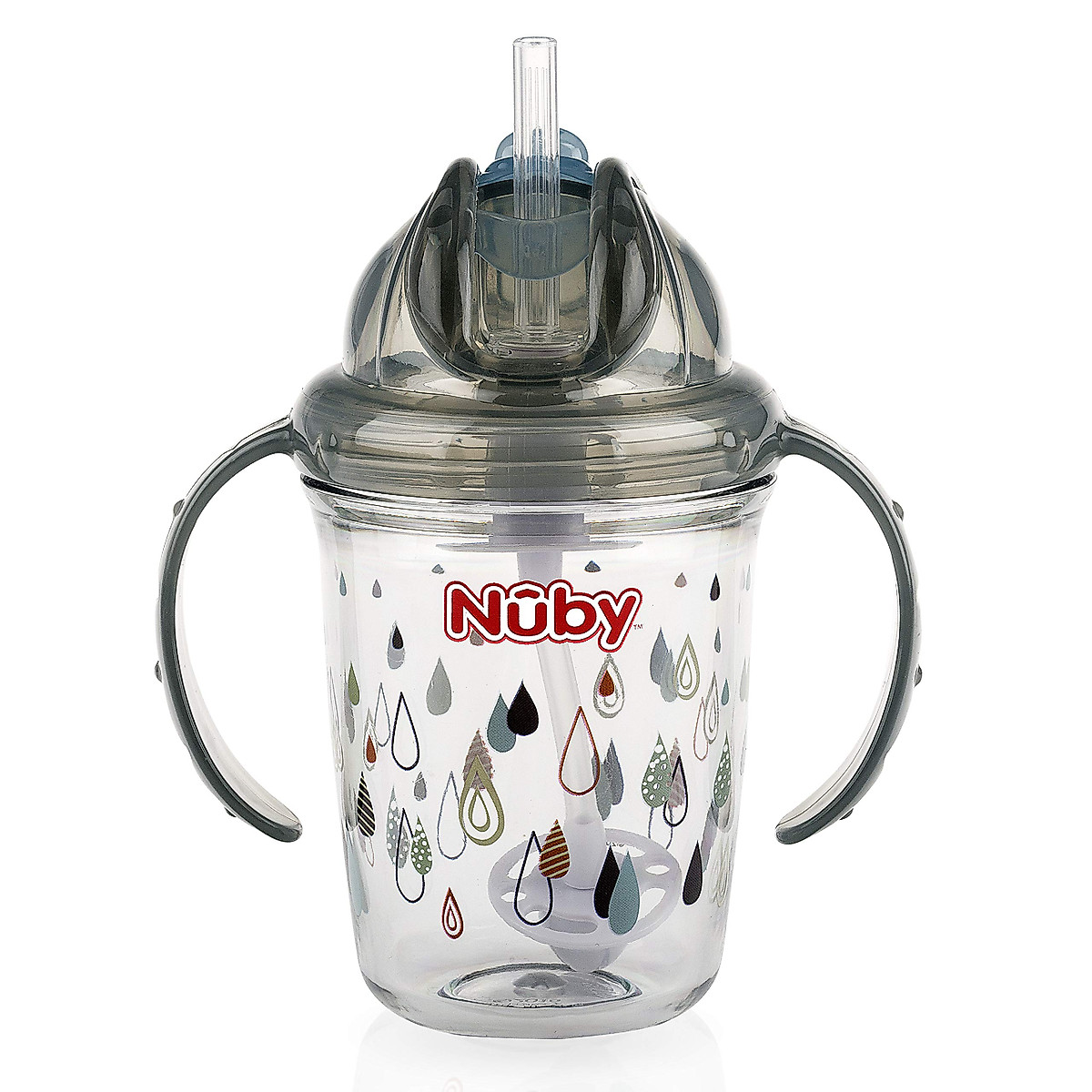 Nuby Tritan No Spill Flip N' Sip Twin Handle Printed Cup with 360 Weighted Straw (Gray, Tie Rain)