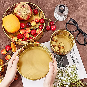 CHGCRAFT 3 Pcs 3 Sizes Metal Eid Food Tray Round Islam Platter Snack Dessert Holder Lunar Ramadan Tray Set Islam Mubarak Food Tray Decoration for RHoliday Home Party, Antique Bronze