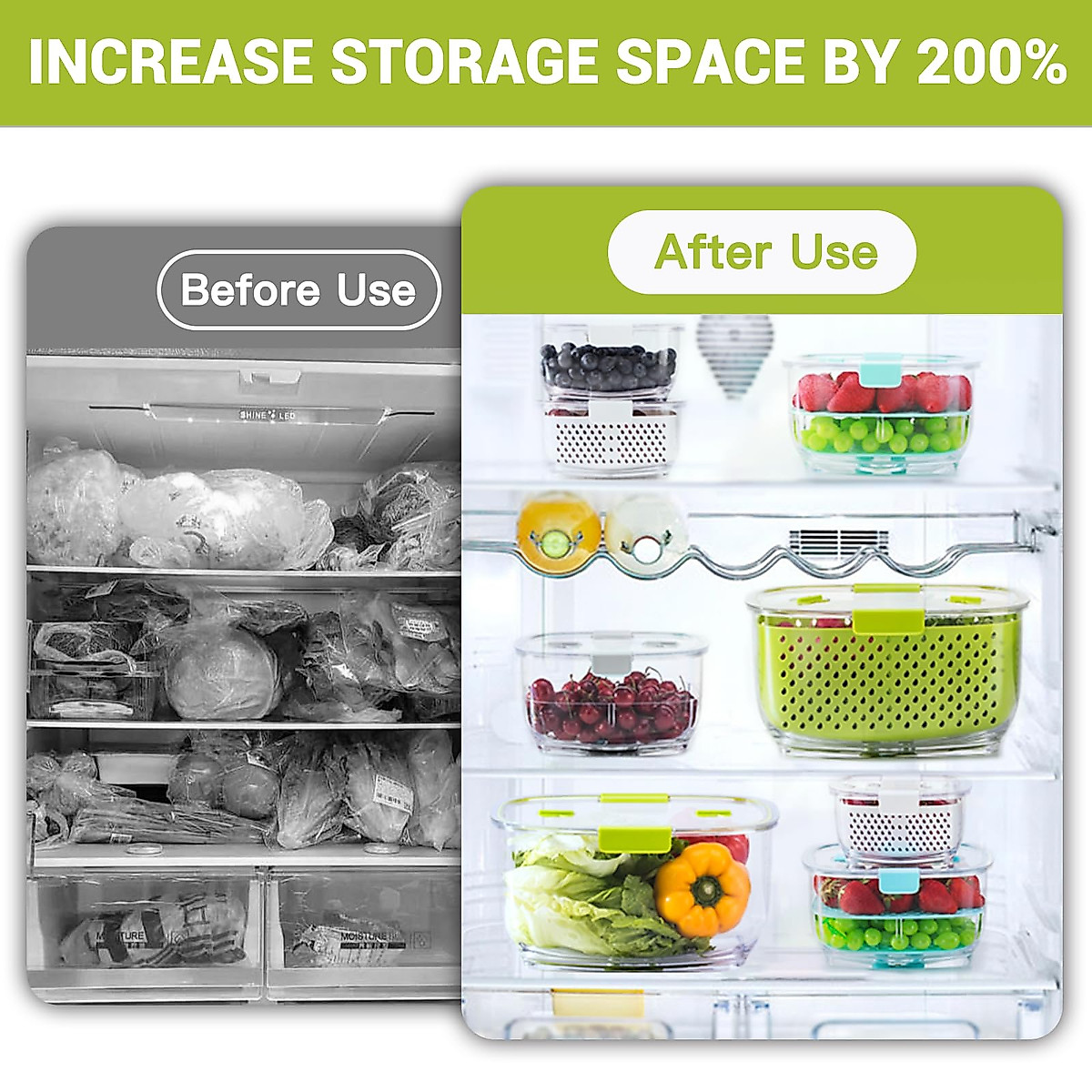 LUXEAR Fresh Produce Vegetable Fruit Storage Containers 3Piece Set, BPA-free Fridge Storage Container, Partitioned Salad Container, Fridge Organizers, Used in Storing Fruits Vegetables Meat Fresh Fish