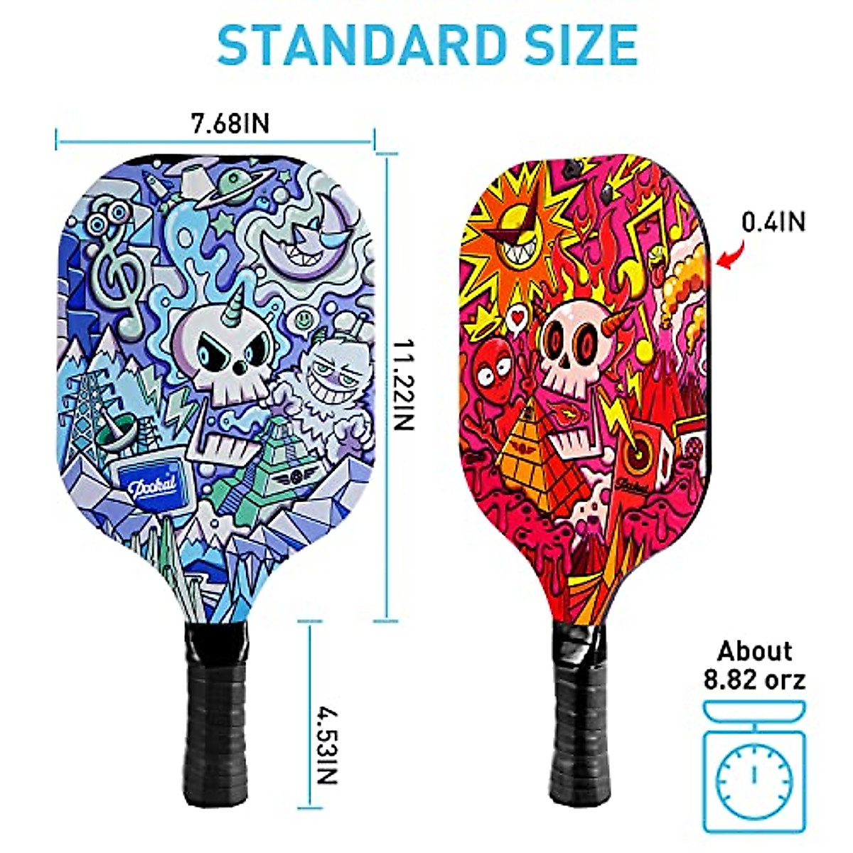 Pickleball Paddles Set of 4, Ornate Skull Pattern Pickleball Rackets with 4 Premium Wood Paddles & 4 Pickleballs & 2 Handle Grips Tape & 2 Pickleball Belts & Carry Bag for Beginners Men Women Adults