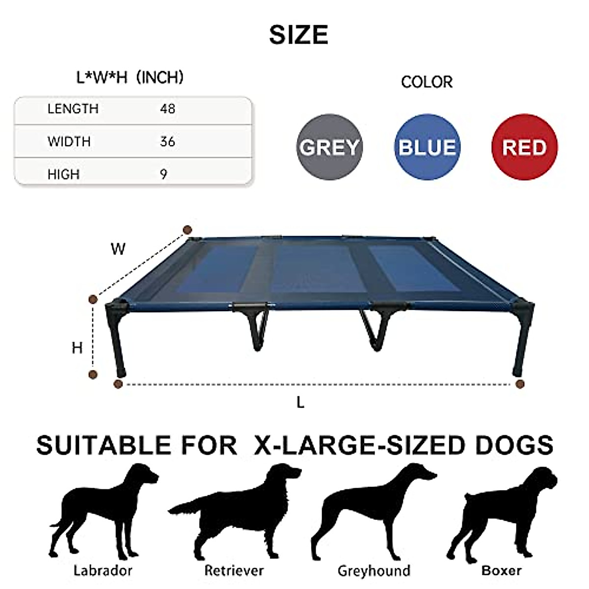 Fuzzywoozy Elevated Dog Bed, Outdoor Raised Dog Cots Beds with No-Slip Feet, Pets up to 50/70/150lbs (X-Large, Blue)