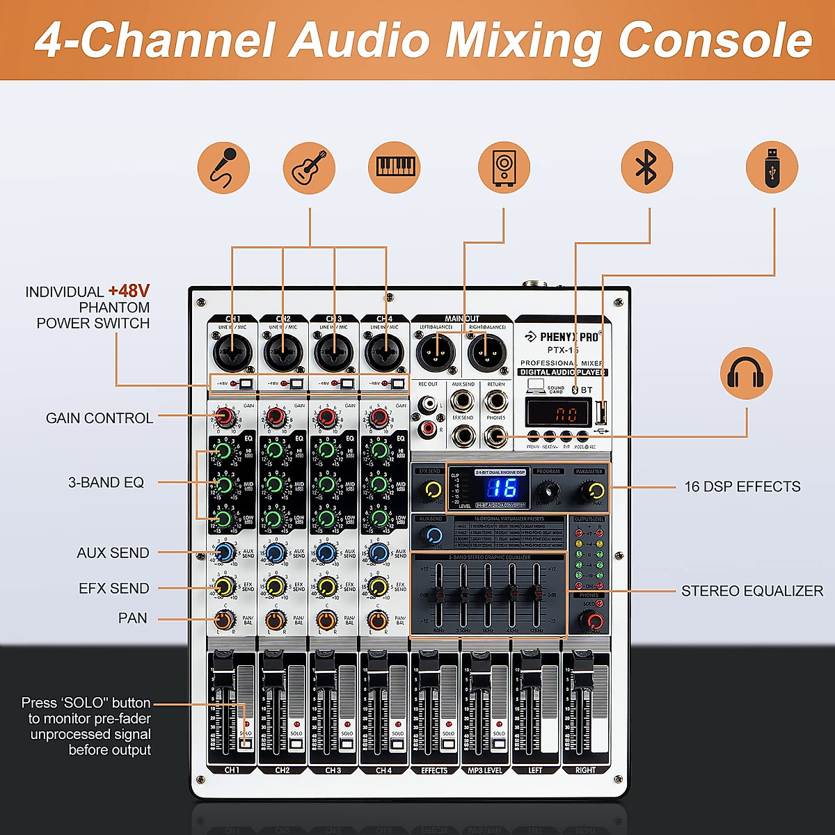 Professional Audio Mixer, Phenyx Pro Sound Mixer w/USB Audio Interface, 4-Channel Sound board Dj Mixer w/Stereo Equalizer, 16 DSP Effects, suitable for Stage, Live Gigs, and Karaoke (PTX-15)