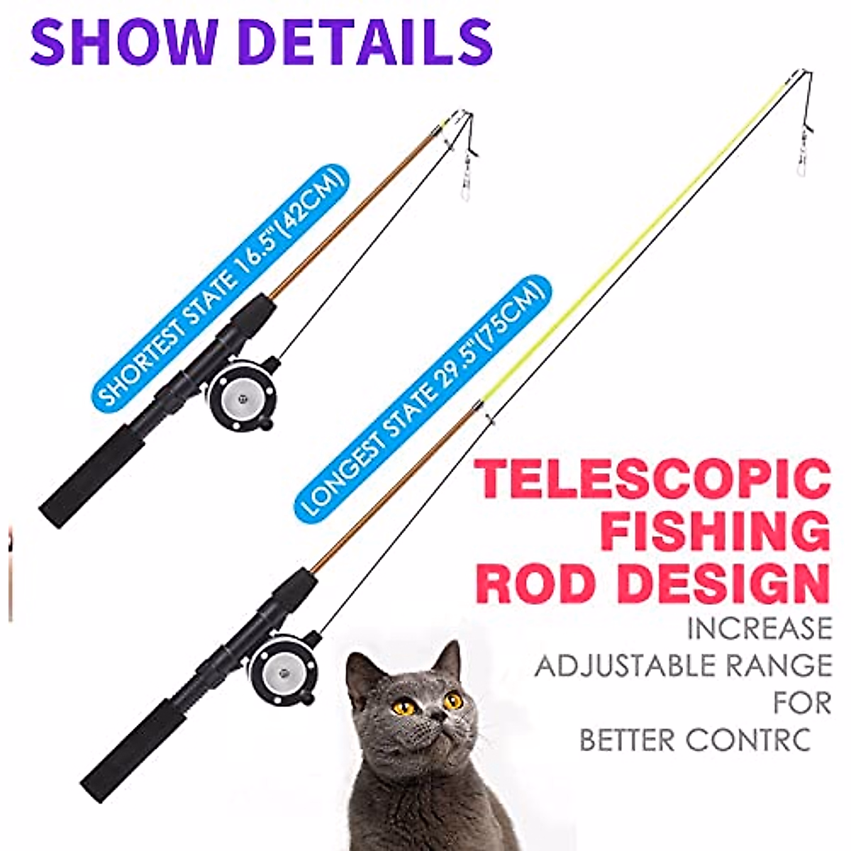 Whefory Retractable Cat Teaser Wand Toy, Cat Toys for Indoor Outdoor Cats Interactive Fishing Rod with 8 Pcs Refills Feather Toy, Plush Mouse Caterpillar & Fish