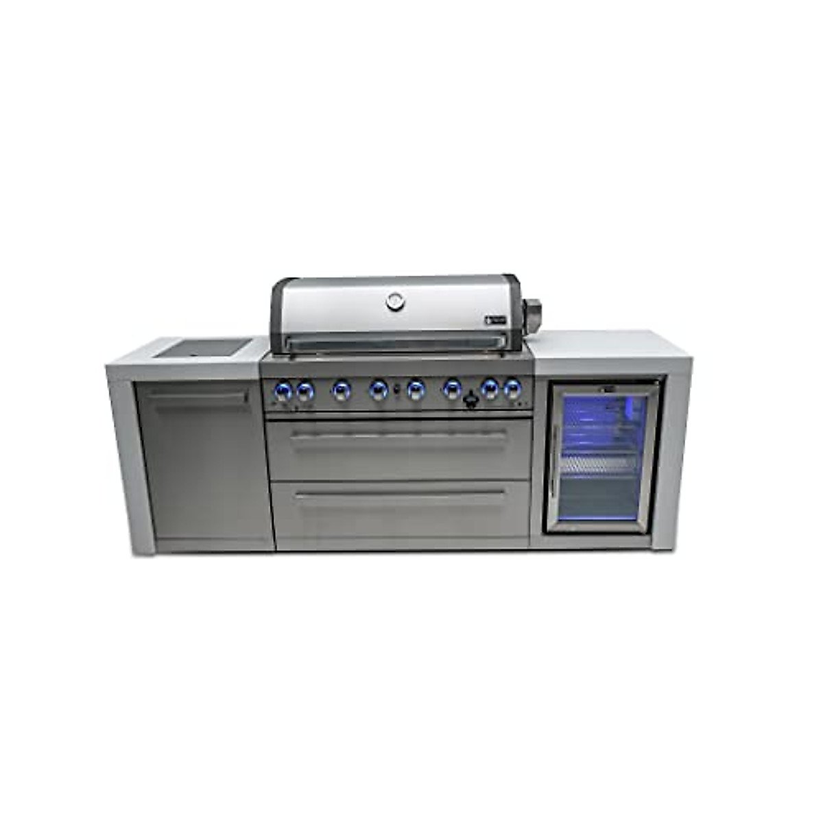 Mont Alpi MAi805-DFC 44-inch 6-Burner 115000 BTU Deluxe Stainless Steel Island Outdoor Kitchen Gas Barbecue Grill+ Fridge Cabinet + Granite Countertops and Sides + Infrared Side Burner