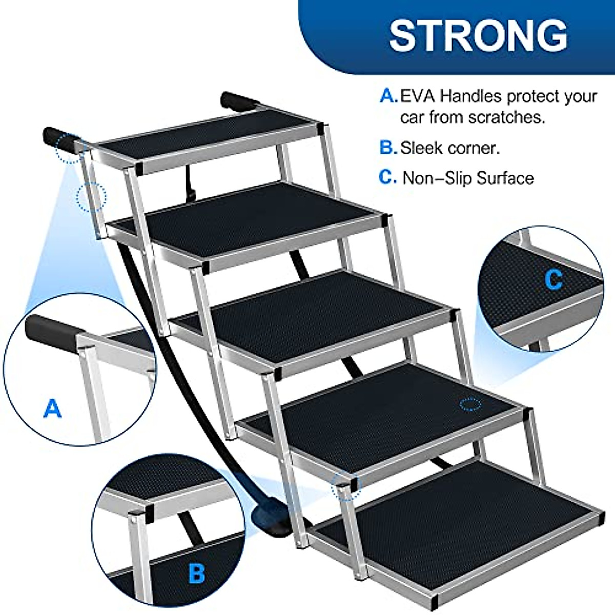 Extra Wide Dog Car Steps, Portable Aluminum Fram Large Dog Stairs for High Beds, Trucks, Cars and SUV, Lightweight Foldable Pet Ladder Ramp with Nonslip Surface Can Support 150-200 Lbs Large Dog