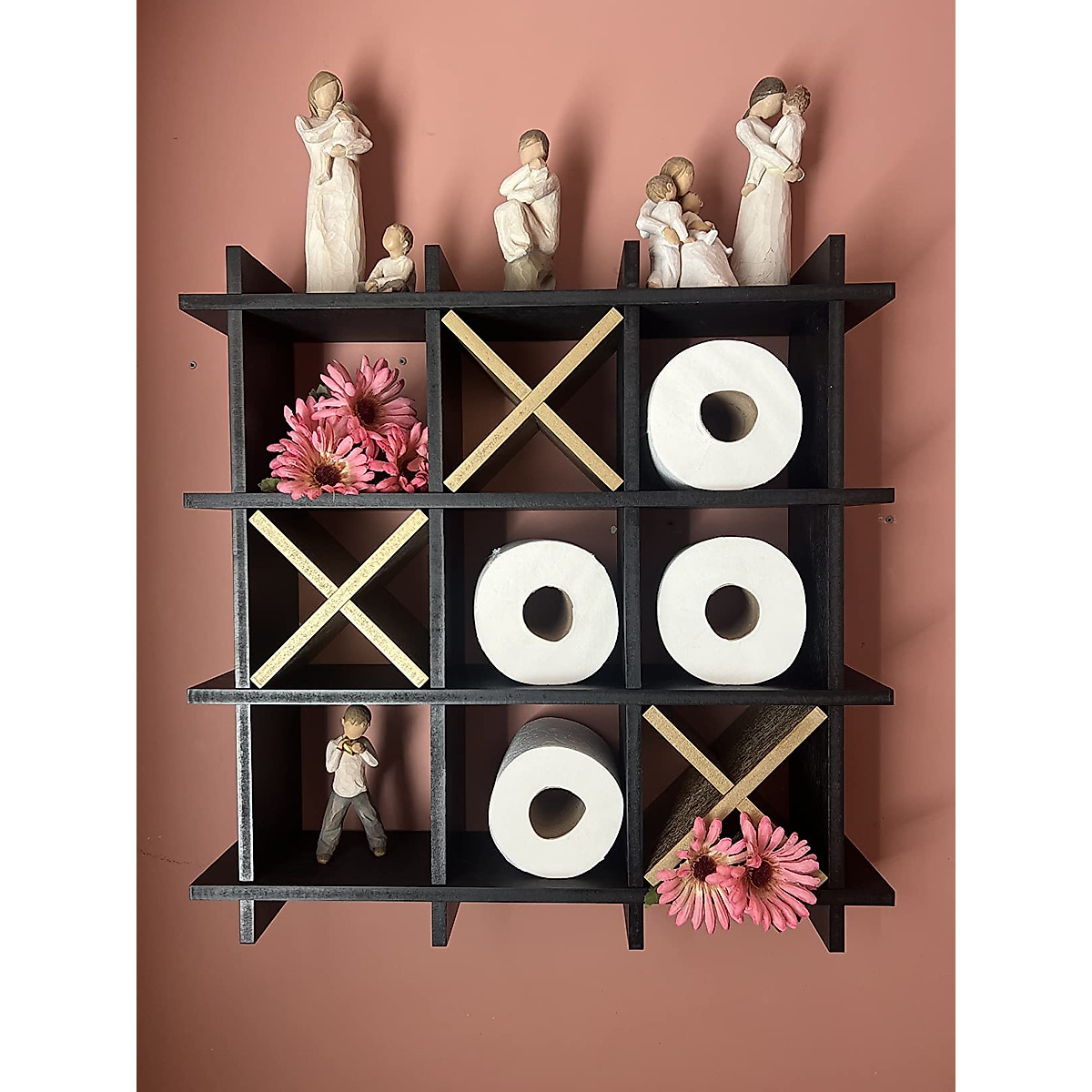 Large Black Tic Tac Toe Toilet Paper Holder Stand | Design Freestanding Bathroom Tissue Roll Storage Organizer | Wooden Bathroom Organizer | Over The Toilet Bathroom Storage Cabinet Wall Mounted