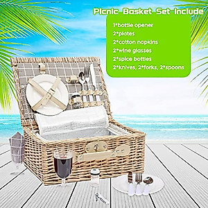 Wicker Picnic Basket for 2 Persons, Willow Picnic Set with Insulated Liner for Picnic, Camping, Outdoor, Valentine Day, Chirtmas, Thanks Giving, Birthday.