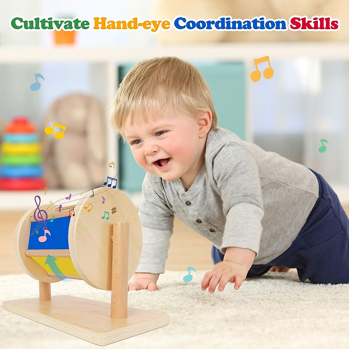 LEADER JOY Montessori Spinning Drum Baby Wooden Toys for 1-3 Year Old with Mirror and Bell for Infant Toddler, Sensory Development Toys Baby Toys Gifts