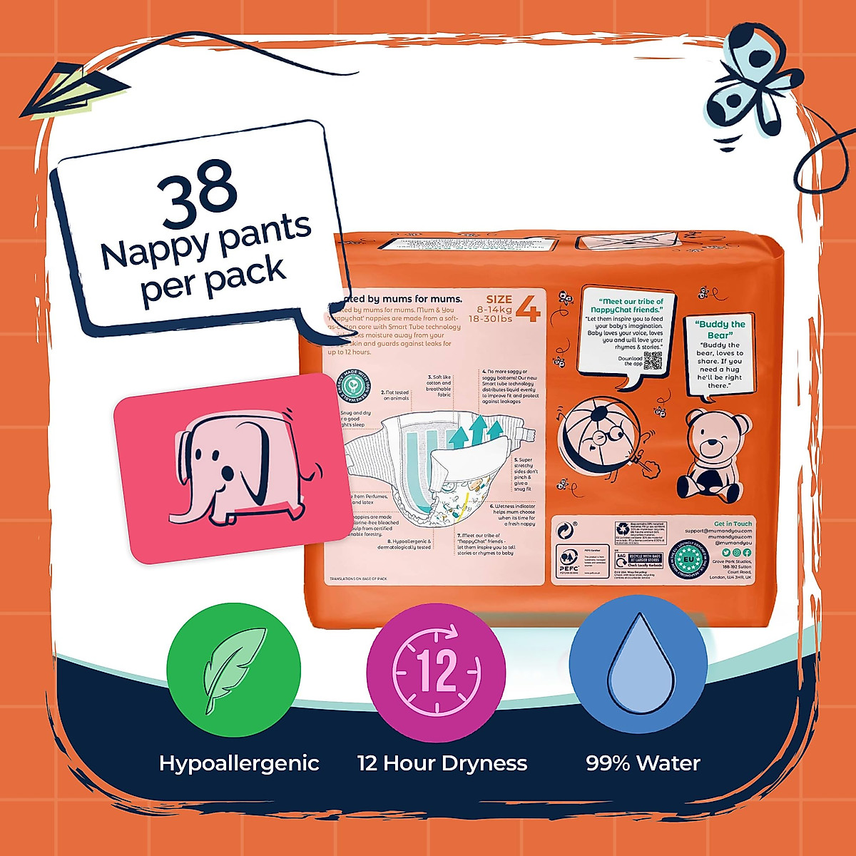 M&Y Nappychat Premium Performance Eco Diapers, Size 4 (38 Diapers) Smart Tube Technology. Leak Protection. 100% Recyclable. Hypoallergenic, Dermatologically-Tested No Lotion, Perfume or Dyes