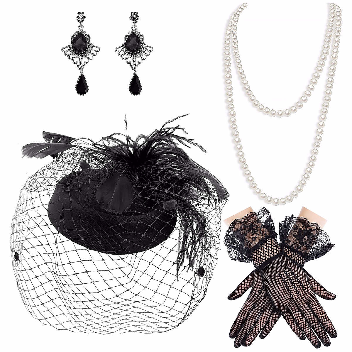 Black Vintage Feather Fascinators Hats Pillbox Hat Set 20s 50s Top Hat Lace Gloves Pearl Jewelry Set for Women Halloween Cocktail Tea Party Wedding