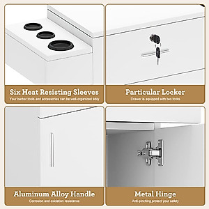 Paddie Locking Salon Storage Cabinet for Hair Stylist, Barber Salon Station Styling Station Equipment with 6 Hair Dryer Holder, 2 Drawers for Beauty Spa Barber Shop(White)
