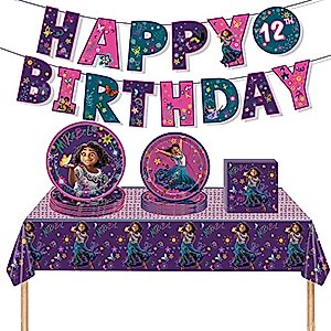42Pcs Encant Party Supplies Table Cover Tablecloth/Birthday Banner/10Pcs 7inch Plates/10Pcs 9inch Plates/20Pcs Napkin Magic House Party Decoration