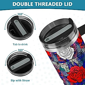SDMKA 40oz Stainless Steel Tumbler with Straw and Handle, Vacuum Insulated Double-Walled Travel Mug, BPA-Free Leakproof Cup for Hot/Cold Beverages, Bold Red Roses