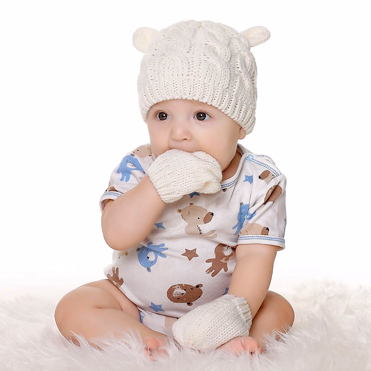 Fynnsure Baby Hat Glove Set Soft Newborn Mittens Baby Girl Boys Knitted Toddler Cap Infant Winter Beanie Mitten Sets White M