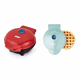 Dash Mini Maker Portable Grill Machine + Panini Press - Red & DMW001AQ Machine for Individual, Paninis, Hash Browns, & other Mini waffle maker, 4 inch, Aqua