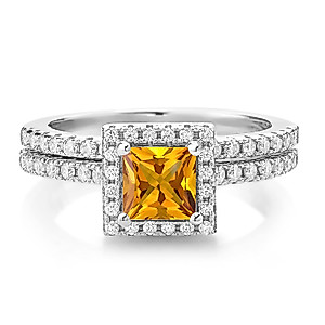 Gem Stone King 925 Sterling Silver Princess Yellow Citrine and Moissanite Wedding Engagement Ring Band Bridal Set For Women (1.16 Cttw, Gemstone Birthstone, Available in size 5, 6, 7, 8, 9)