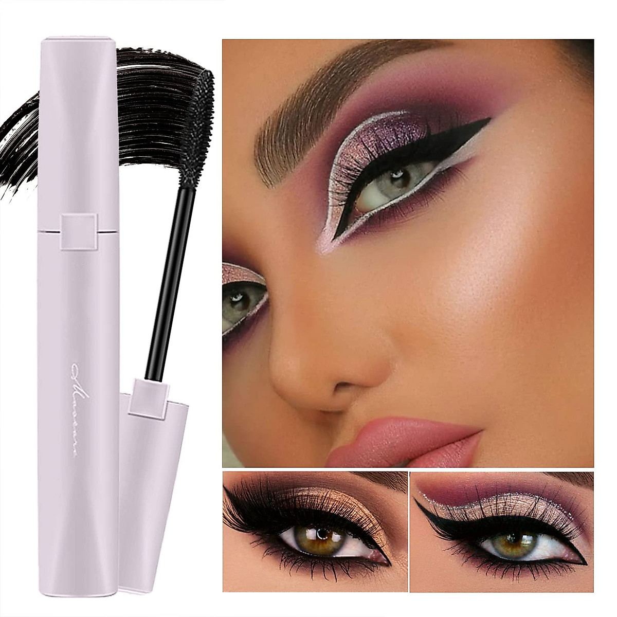 Daily Use Of Cosmetics For Women Long Black Natural Mascara Curly Mascara No Clumps Do Not Easy Removal Makeup Long Lasting Mascara Long Curl Lattice Eyelash Growth（Black-A)