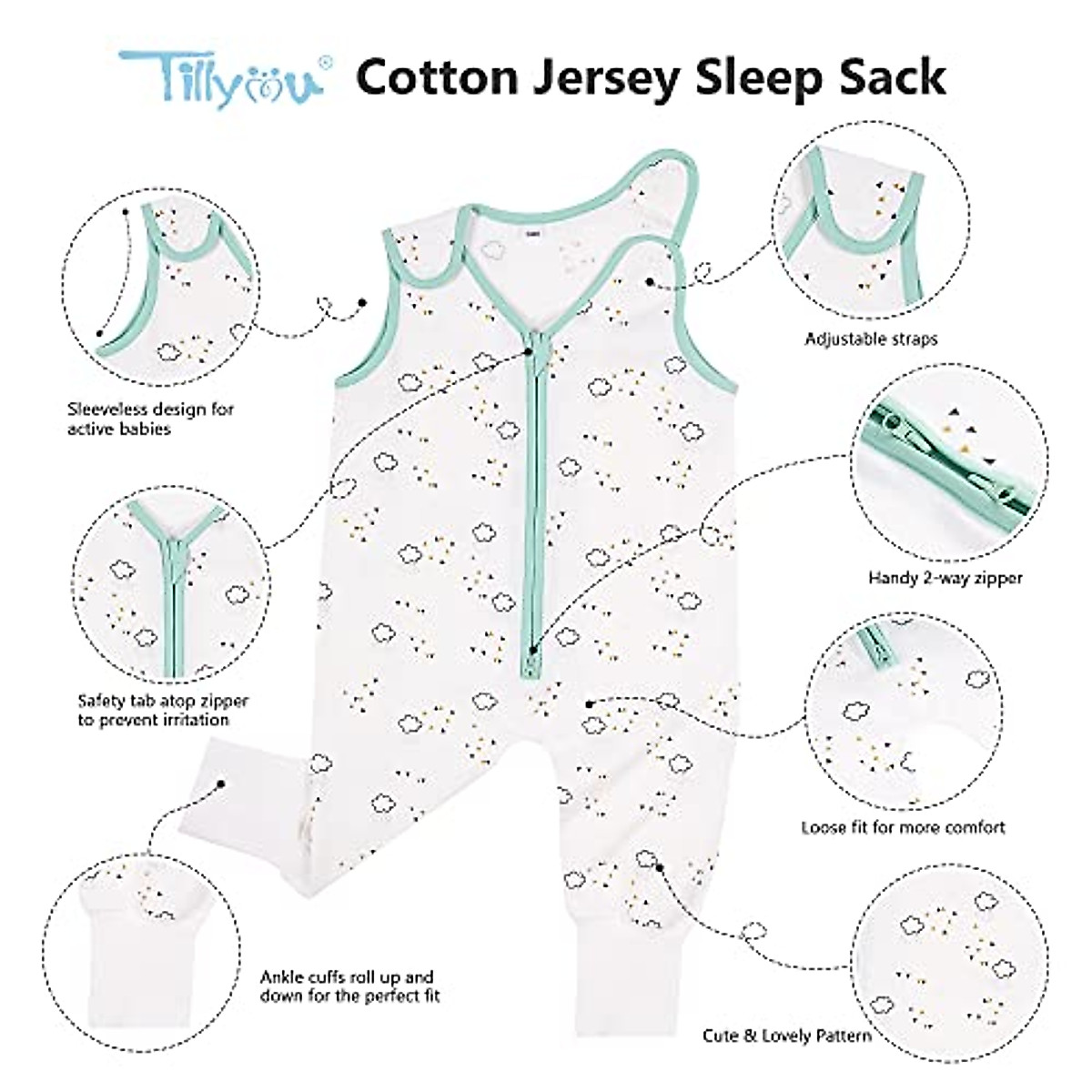 TILLYOU Toddler Sleeping Bag - 100% Cotton Toddler Wearable Blanket Sleep Sack Sleeveless Sleeping Bag TOG 0.5,Small Cloud,3T