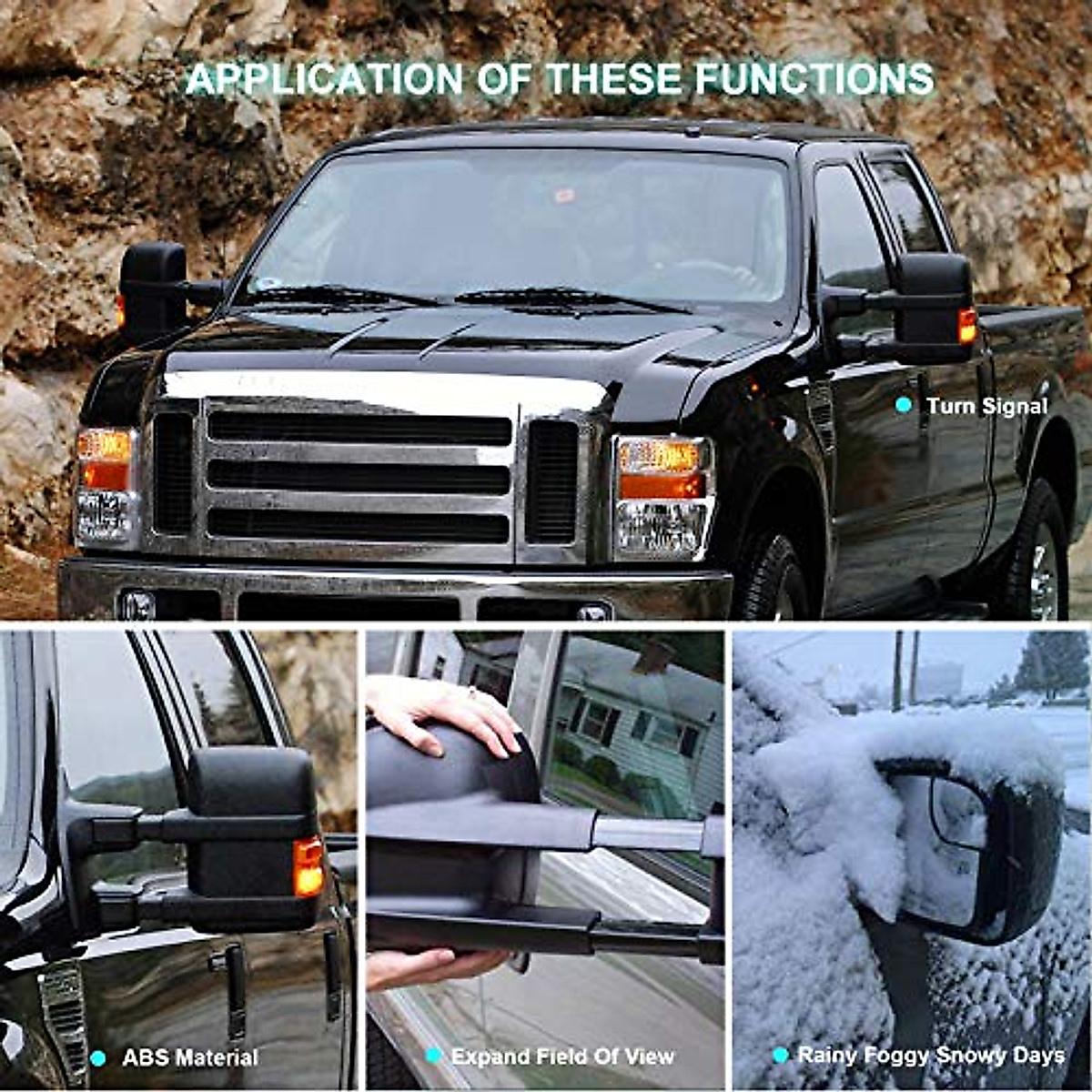 SCITOO Towing Mirrors Power Adjusted Heated Turn Signal Light Black Housing Tow Mirrors Replacement Fit for 1999-2007 For Ford For F250/F350/F450/F550 Super Duty Pair Truck Mirrors