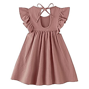 LYXIOF Toddler Baby Girl Cotton Linen Dress Ruffle Sleeve Halter Sleeveless Kids Casual Dresses Dark Pink 90CM
