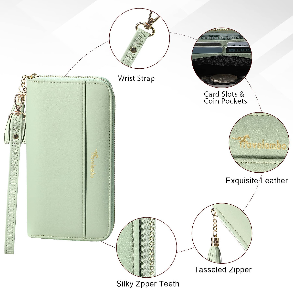 Travelambo Womens Wallet Tassel Bifold Ladies Clutch Wristlet Wrist strap Long Purse (Access Green Light)