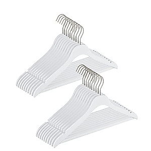 20 Luxury Slim Space Saving Wooden Clothes Hanger with Squared Pant Bar Best for Shirts, Blouses, Pant, Dress, Hangers White (White - Shirt with Pant Bar, 20)