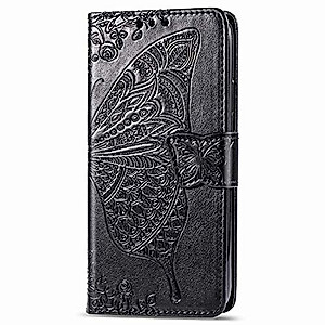 MEIKONST Xiaomi Redmi Note 8 Pro Case, Elegant Embossed Black Butterfly Soft PU Leather Flip Wallet Case with Stand Magnetic Closure Protective Cover for Xiaomi Redmi Note 8 Pro,SD Black Butterfly