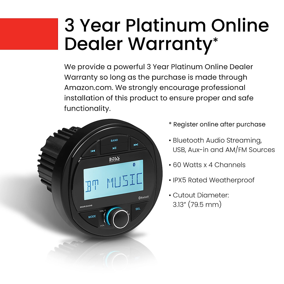 BOSS Audio Systems MGR300B Marine Boat Stereo Sound System Head Unit - No CD Player, Bluetooth Audio, IPX5 Rated, USB, MP3, AM/FM Radio Receiver