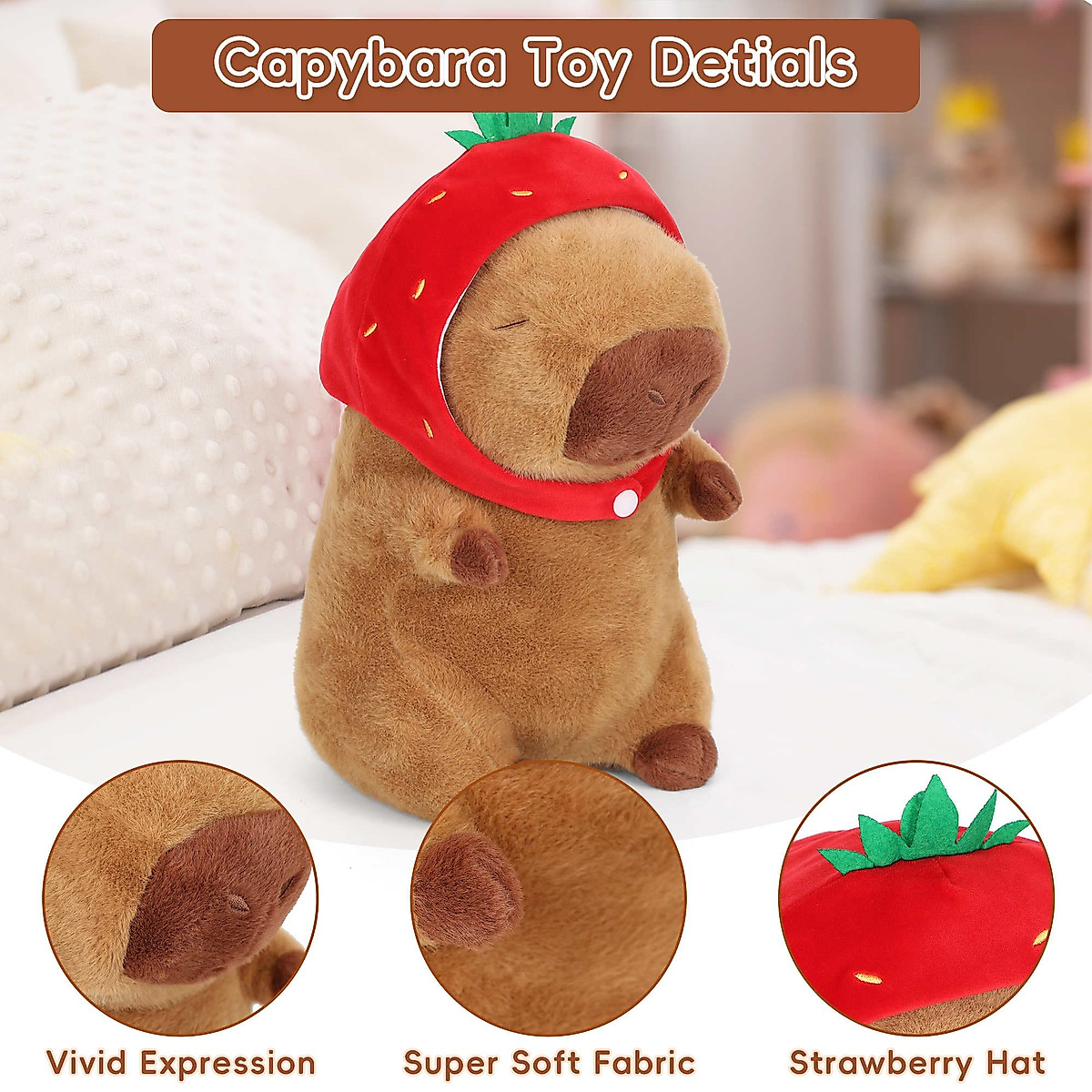Cute Capybara Plush Wearing Strawberry Hat, 12 INCH Capybara Stuffed Toy Animals Plushies, Soft Capybara Doll Pillow for Kids Boys Girls Birthday Gifts