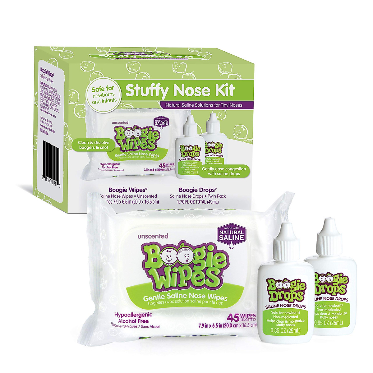 Boogie Stuffy Nose Relief Kit Wipes, FSA/HSA Eligible, Baby Wipes Unscented Wipes 45 Count (Pack of 1), Baby Nasal Saline Drops Drops 2 Bottles Total (Pack of 1)…