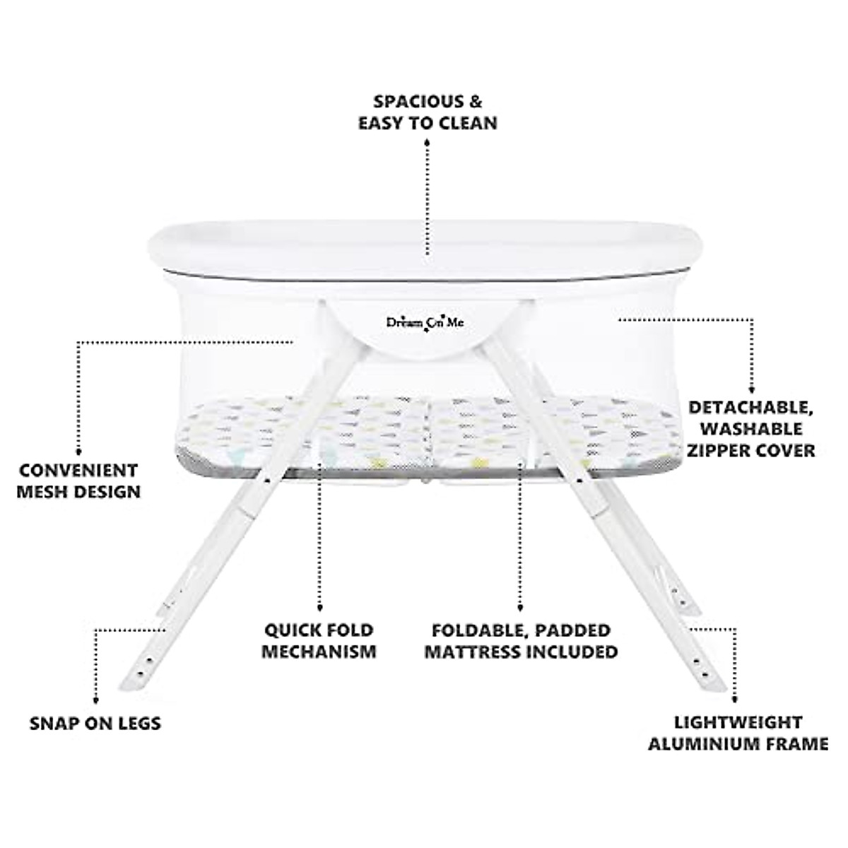 Dream On Me Poppy Traveler Portable Bassinet in White and Grey, Lightweight, Spacious and Convenient Mesh Design, JPMA Certified, Easy to Clean and Fold Baby Bassinet - Carry Bag Included