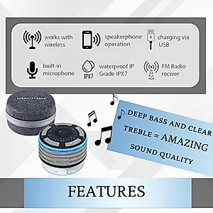Johns Avenue Bluetooth Shower Speaker with Zippered Travel Case Newest Version 5.0 - Certified Waterproof - Wirelessly Pairs Easily to All Your Bluetooth Devices - with GRAY TRAVEL CASE