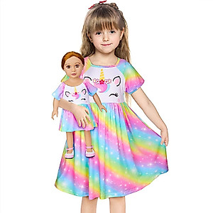 MHJY Doll and Girl Matching Nightgowns Unicorn Pajamas Night Dress for Girls and American 18" Girl Doll Clothes,8-9 Years,Rainbow