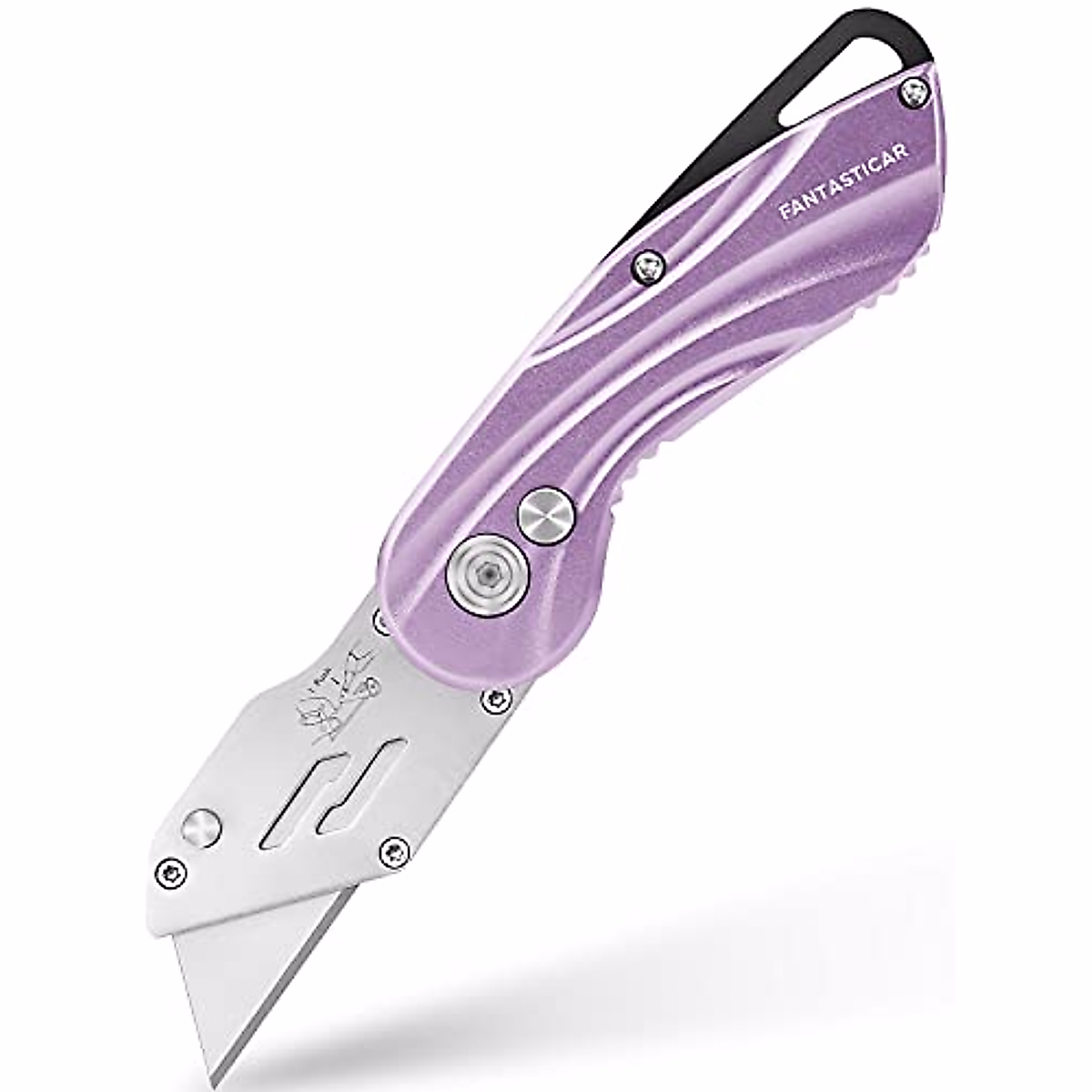 FantastiCAR Folding Box Cutter, Quick Blade Change Utility Knife, with Anti-slip Metal Body, Safety Lock, 5 Extra Blades (Purple Streamline)