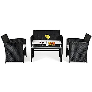 WYKDD 4PCS Patio Rattan Furniture Conversation Set Cushioned Sofa Table Garden Single Sofa