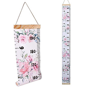 XINGZI Kids Baby Growth Chart Ruler 8 x 79 inch Wood Frame Height Measure Chart Canvas Pink Flower Hanging Removable Wall Ruler Wall Decor Nursery Decoration for Kids Girls Boys Toddlers Gift