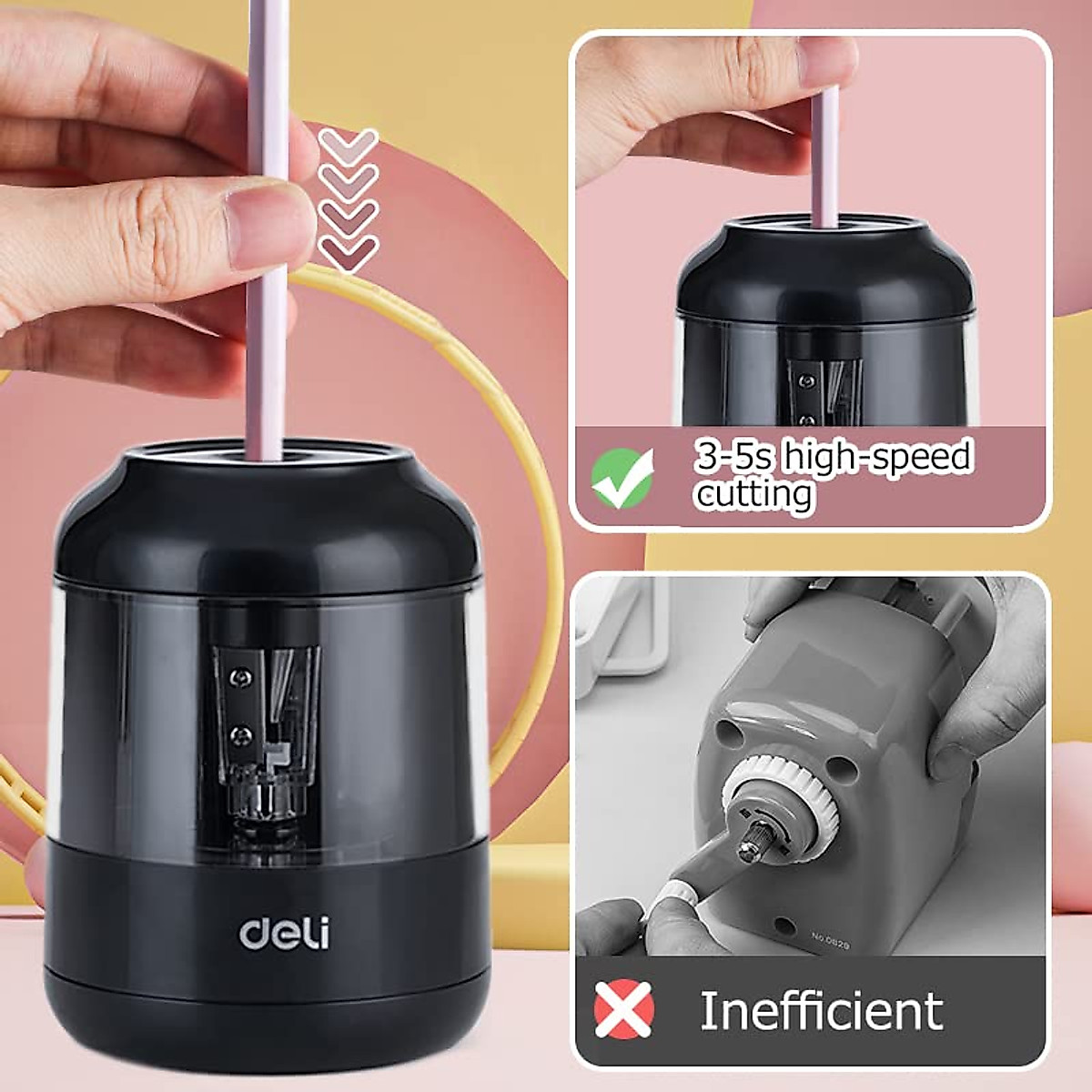 Deli Electric Pencil Sharpener,5,000 Times for Tungsten Steel Blade,1 Year Warranty (Jet Black)