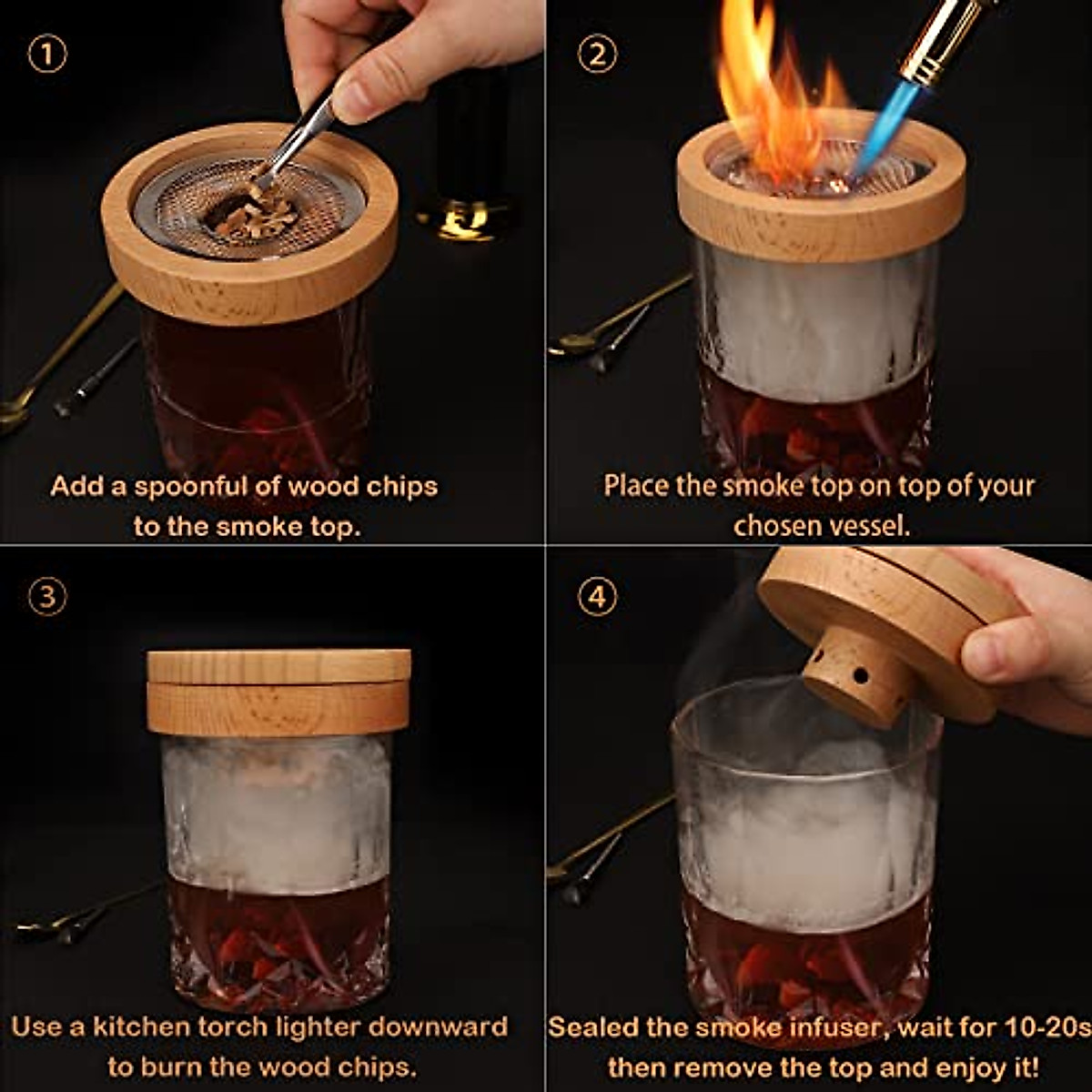 Cocktail Smoker Kit for Drinks, Zyceecby Cocktail Smoker Kit with Oak, Pecan, Cherry, Apple Wood Chips, Old Fashioned Whiskey Drink Smoker, Best Gift for Husband, Father and Cocktail Lovers