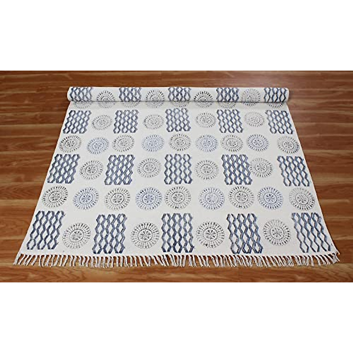 Casavani Hand Block Printed Rug Abstract Blue & Beige Tassel Rug Easy Care Washable Rugs for Doormat Entryway Living Room Bedroom Hallway Balcony 2.6x8 Feet Runner