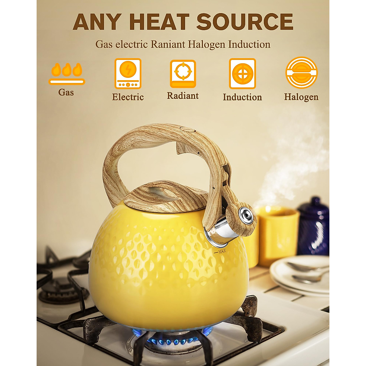 Tea Kettle, Stovetop Teapot, 2.5 Quart, Loud Whistle, Food Grade Stainless Steel and Smooth Wood Pattern Handle, Sophisticated Look for Hiking, Picnic, for Tea, Coffee, (Yellow)