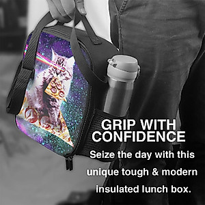 PrelerDIY Galaxy Pizza Cat Lunch Box - Insulated Lunch Bag for Kids with Side Pocket & Shoulder Strap Snack Bags, Perfect for School/Camping/Hiking/Picnic/Beach/Travel