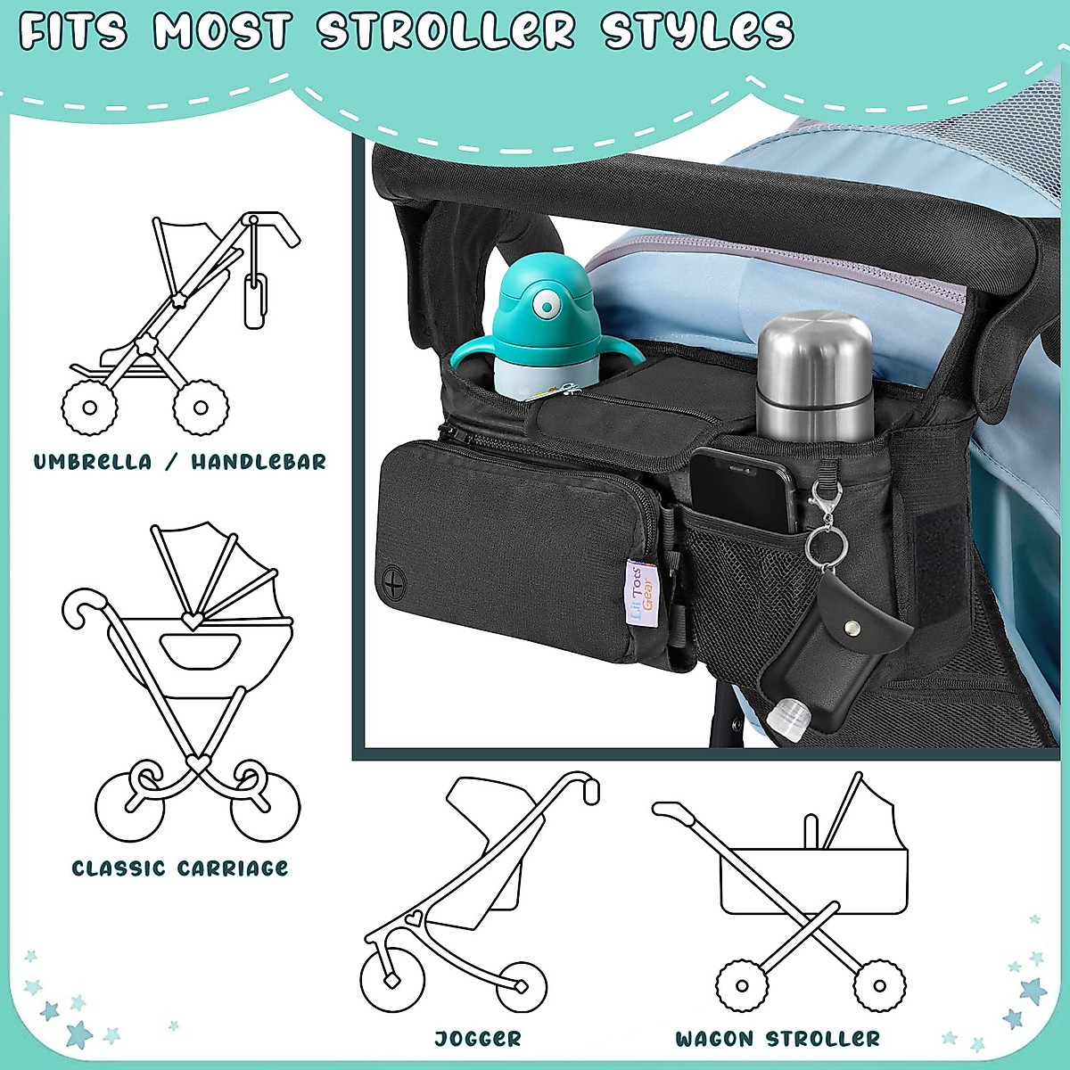 Baby Stroller Organizer - Stroller Caddy with Insulated Cup Holder attachment & Diaper Storage for On-The-Go Secure Straps, Detachable Bag, Pockets for Phone, Keys & Toys with Universal Design