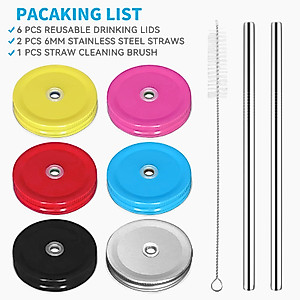 SusuBee 6 Pack Metal Drinking Lid with Straw Hole and Straws Compatible with Mason Jar Regular Mouth, 6 Colors, Dishwasher Safe