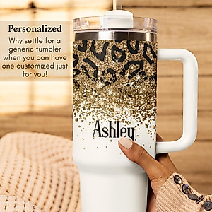 Personalized 40 oz Tumbler With Handle And Straw Lid Cheetah Print Glitter - Leopard Print Stainless Steel Insulated Travel Mug – Tumbler Gift For Women Mom Friend Teacher Nurse Her Birthday Christmas