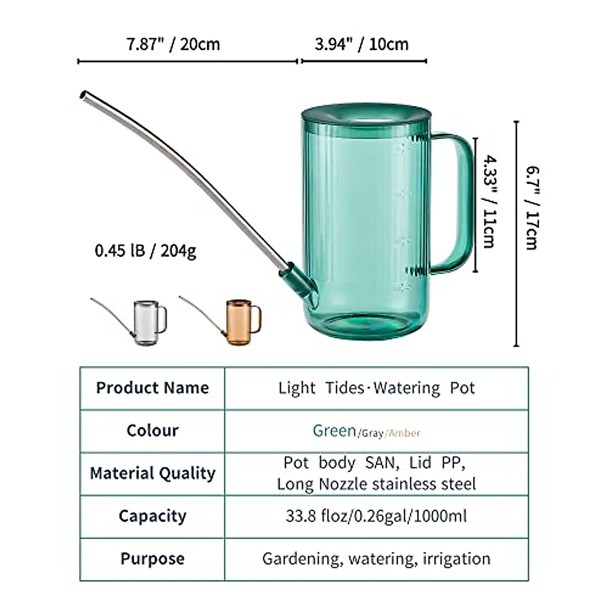 COTREPY Watering can, Long Nozzle, Watering Indoor Garden Plants, Modern Large Watering Globes, 1L (42.3fl Oz, 0.26 Gal), Suitable for Plants, Flowers, Bonsai, Gardens and Micro Landscapes(Green)