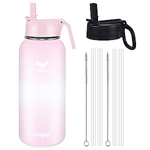 Vmini Water Bottle with New Wide Handle Straw Lid, Wide Mouth Vacuum Insulated 18/8 Stainless Steel, 4 Straws and 2 Brushes, 32 oz, Gradient Pink + White + Pink