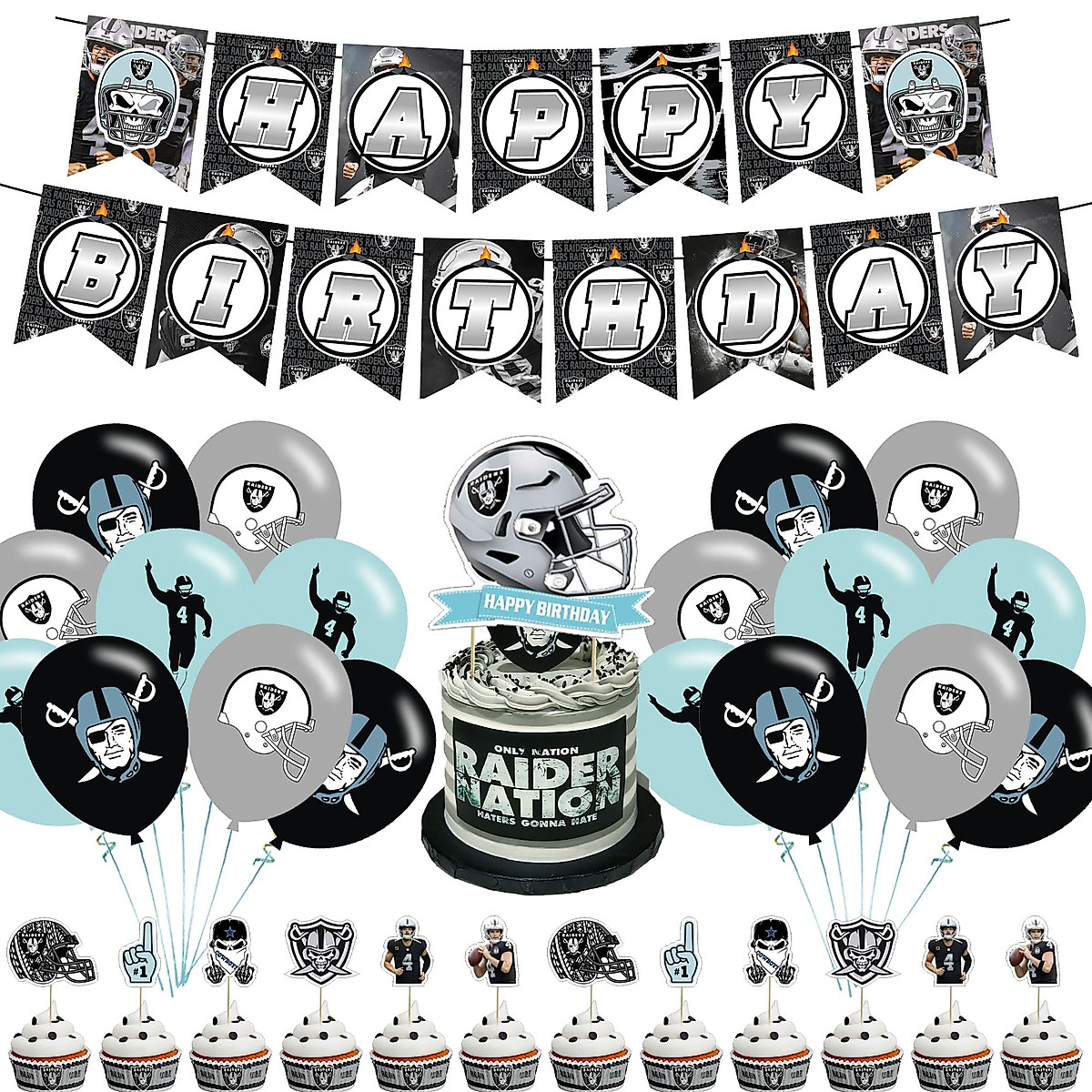 KOOMEE 32 Pcs Raiders Party Supplies, Rugby Theme Party Supply Set for Kids with 1 Happy Birthday Banner Garland, Cake Topper,12 Cupcake Toppers, 18 Balloons for Football Rugby Fans Party Decorations