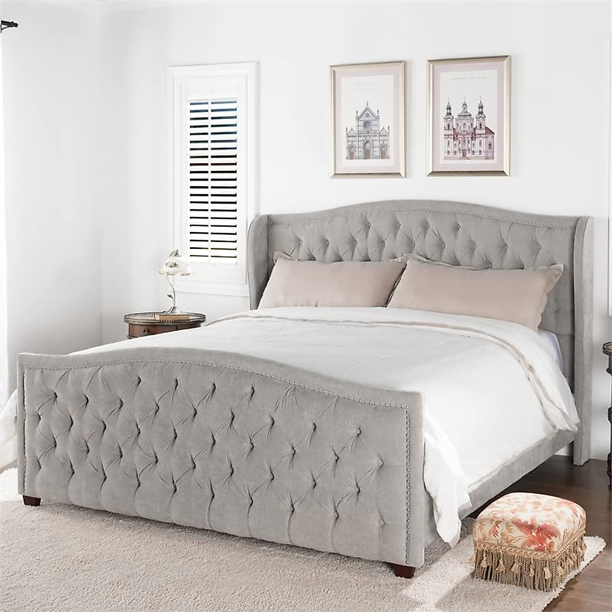 Jennifer Taylor Home Marcella Upholstered Shelter Headboard Bed Set, King, Silver Grey Polyester