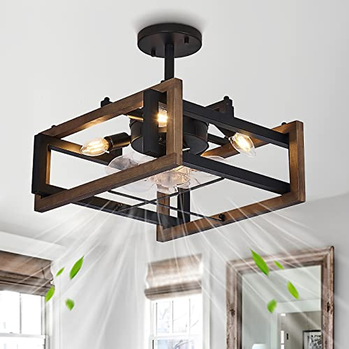Hoeuns Low Profile Farmhouse Wood Ceiling Fan with Light and Remote Control for Bedroom Living Room Kitchen