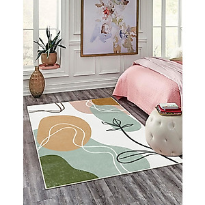 Wonnitar Boho Art 5x7 Rug,Washable Modern Abstract Living Room Area Rug,Minimalist Aesthetic Non-Slip Throw Rug for Bedroom,Non-Shedding Print Indoor Floor Carpet for Dorm Den,Pink/Green